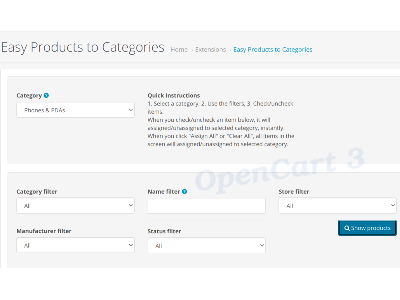 Easy Products to Categories OpenCart extension - KOKU SCRIPTS